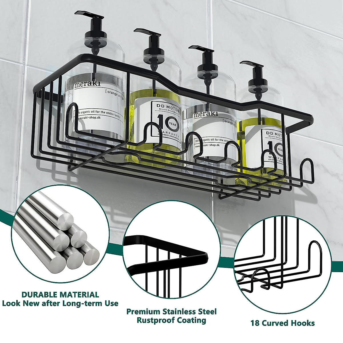RM FOLD Shower Caddy, 5 Pack Adhesive Shower Organzier, No Drilling Shower Shlves, Rustproof Stainless Steel Bathroom Shower Organzier for Bathroom, Kitchen and Dorm Organization and Storage, Black