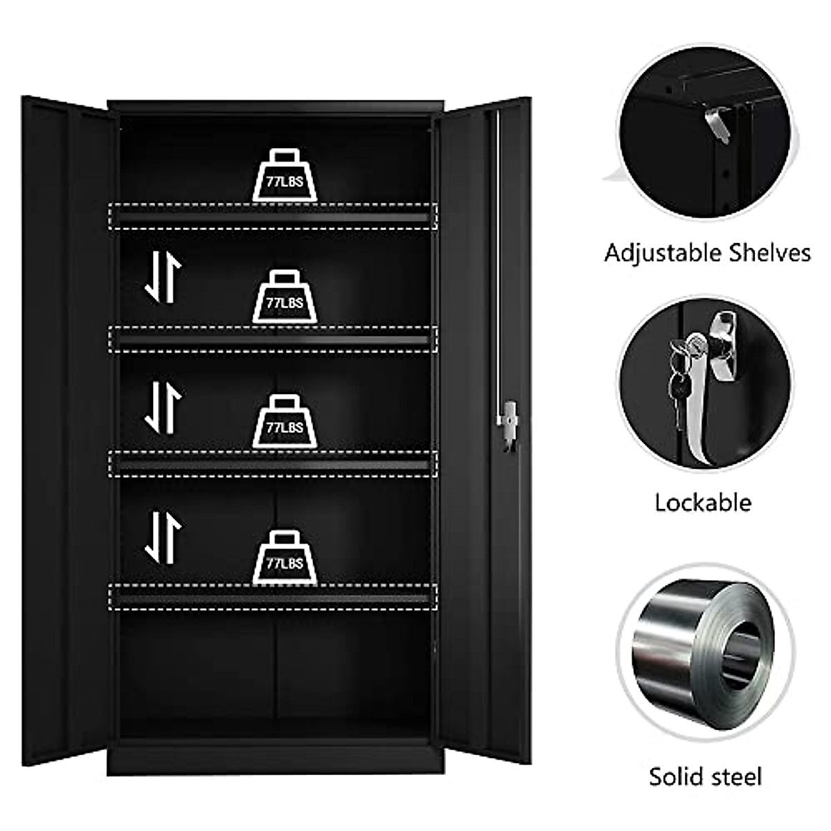 Aobabo 72 Inch 4 Adjustable Shelves Metal Office Storage Filing Cabinet with Swing Handle Lock 3 Point Locking Mechanism and 2 Keys, Black