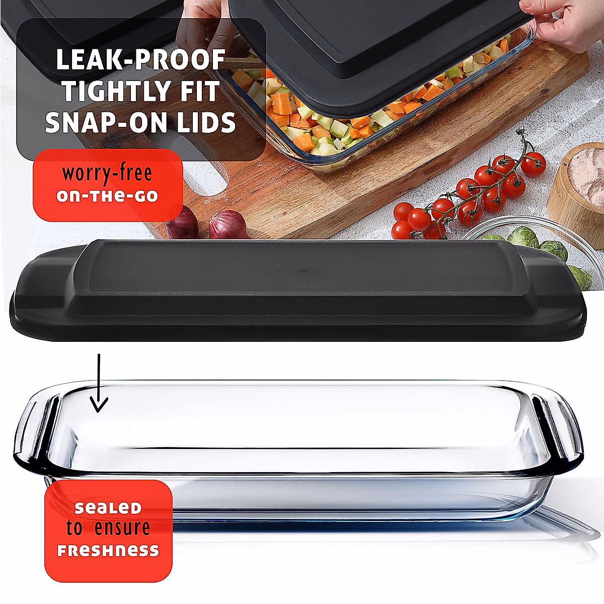 Eatex 4-Pack Glass Food Storage Containers with Lids, Baking Pans Set, Glass Baking Dishes for Oven | Leakproof Casserole Dish Lasagna Pan, Kitchen Serving Dishes| Oven Microwave Freezer Safe Bakeware