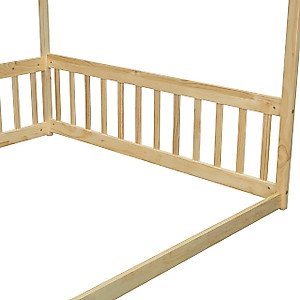 Full Size Canopy Bed Frame with Guardrails for Kids,Floor Bed Full with Four Poster Design,Kids Montessori Floor Bed,Wood Canopy Bed Frame for Girls,Boys(Full,Natural)
