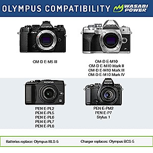 Wasabi Power Battery (2-Pack), Dual Charger for Olympus BLS-5, BLS-50, PS-BLS5, BLS-1, PS-BLS1, E-420, E-450, E-600, E-620, Pen E-P1, E-P2, E-P3, E-PL1, E-PL3, E-PM1, OM-D E-M10 Mark II, III, IIIs, IV