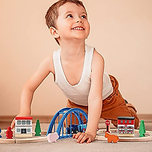 SainSmart Jr. Wooden Train Set 34pcs Figure 8 for Toddlers Kids with Train Tracks Bridge Fits Brio, Thomas, Melissa and Doug, Chuggington Wood Toy Train for 3 4 5 Years Old Boys and Girls