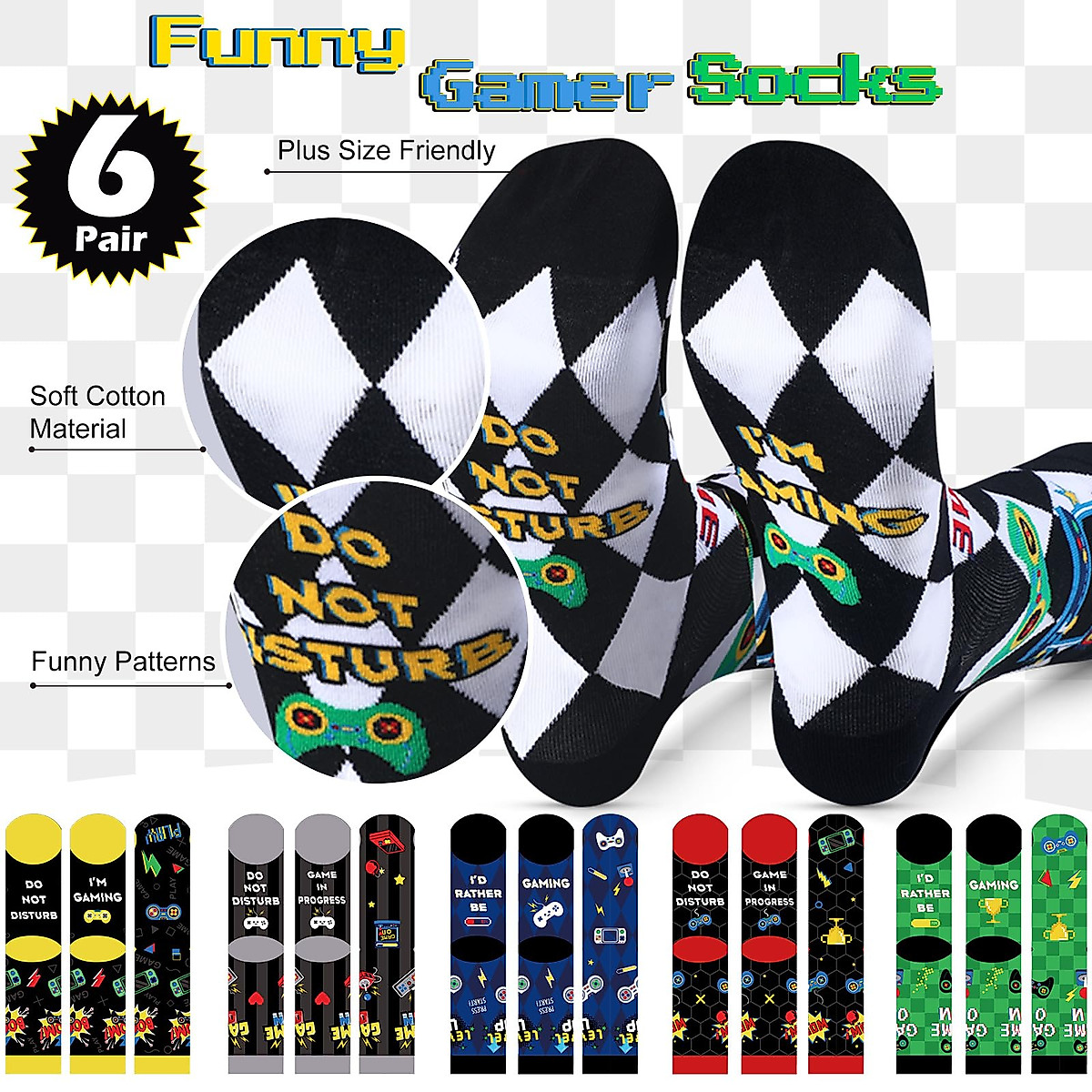 6 Pairs Funny Do Not Disturb I'm Gaming Socks Gamer Cotton Socks Novelty Socks Console Game Printed Christmas Santa Gifts Ideas for Teens, Husband, Boyfriend, Men, Fathers, Grandpas,