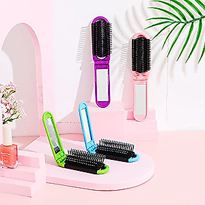 12 Pcs Travel Hair Brush Portable Folding Hair Brush with Mirror, Mini Compact Hair Comb Collapsible Pocket Brush for Family Travel Purse Gift (Purple, Pink, Blue, Green)