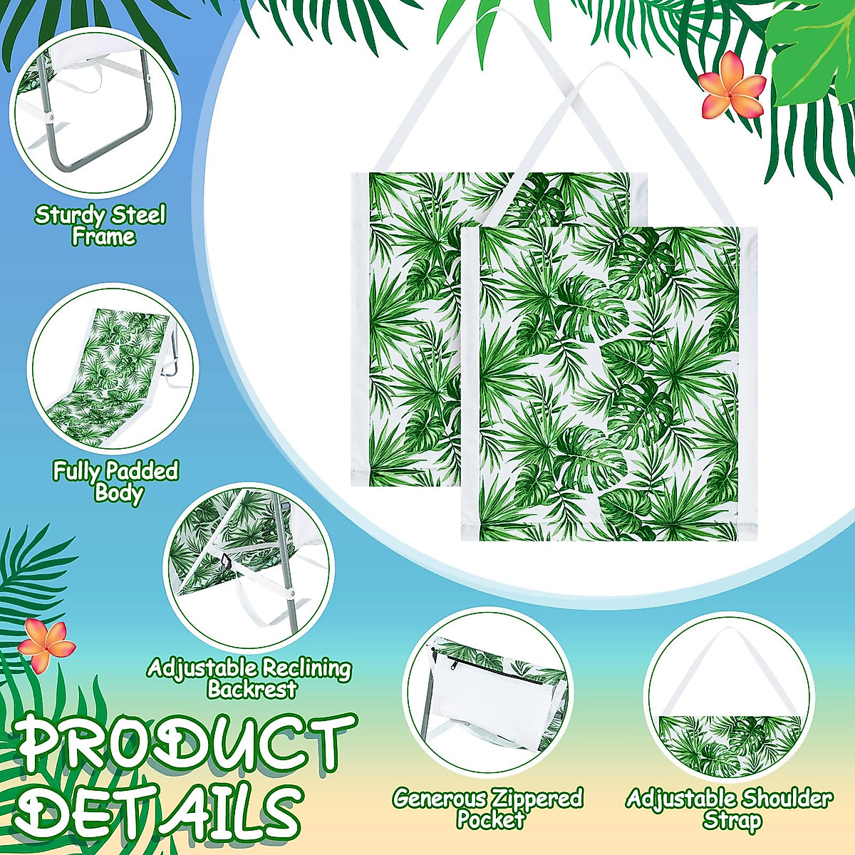 Lineshading 2 Pack Portable Beach Lounge Chair for Adults Folding Tanning Mat Lightweight Sun Beach Lounger Ideal Beach Chairs Adjustable Position Lawn Chair Outdoor Sunbathing(Monstera Leaf)