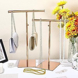 Leinuosen 4 Pcs Tabletop Purse Display Stand T Shaped Adjustable Height Purse Hanger Rack Stand Handbag Holder(Rose Gold)