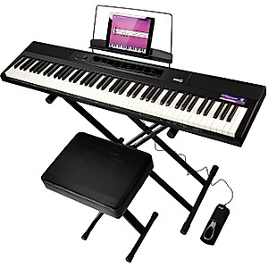 RockJam 88-Key Beginner Digital Piano with Full-Size Semi-Weighted Keys, Power Supply, Keyboard Stand, Keyboard Bench, Sustain Pedal, Simply Piano App Content & Key Note Stickers