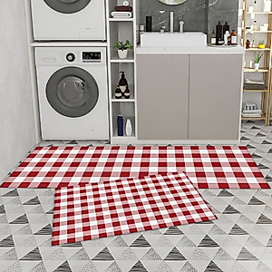 IDOWMAT Kitchen Rug Sets of 2 - Absorbent Non-Slip Kitchen Mats Farmhouse Red White Buffalo Checkered Plaid Floor Comfort Mats Doormat for Kitchen Office Laundry 15.7x23.6in + 15.7x47.2in