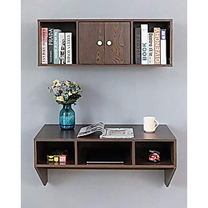 Basicwise Wall Mounted Computer Cabinet Floating Hutch, Brown