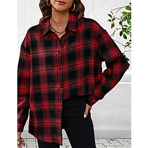 HangNiFang Flannel Red Black Plaid Shirts for Women Oversized Button Down Shirts Blouse(0768-RedBlack-M)