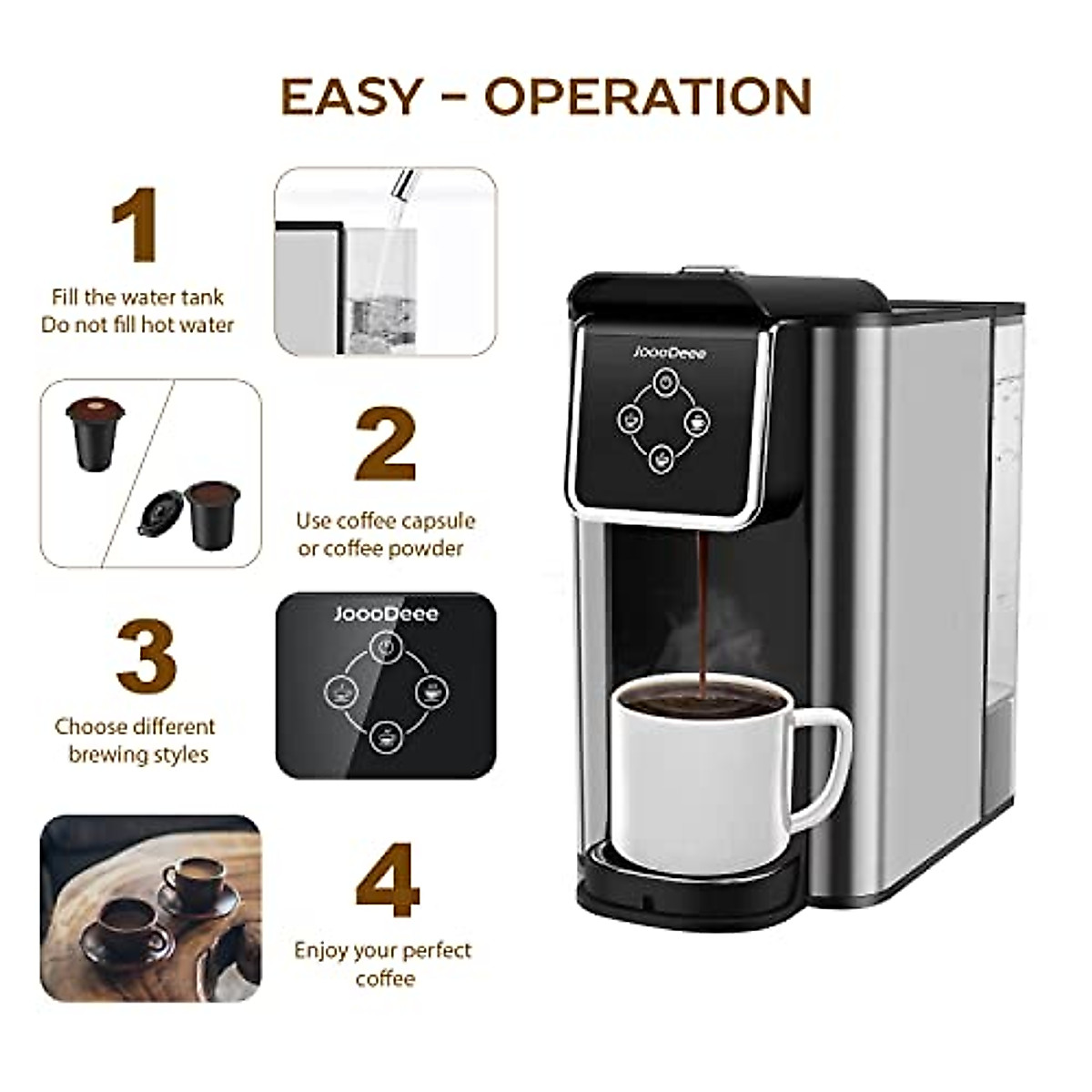 JoooDeee Single Serve 3 in 1 Coffee Brewer Coffee Maker with 50 oz. Reservoir, K-Cup Pods Compatible & Ground Coffee Tea Pods, Touch-Screen, 3 Brewing Options