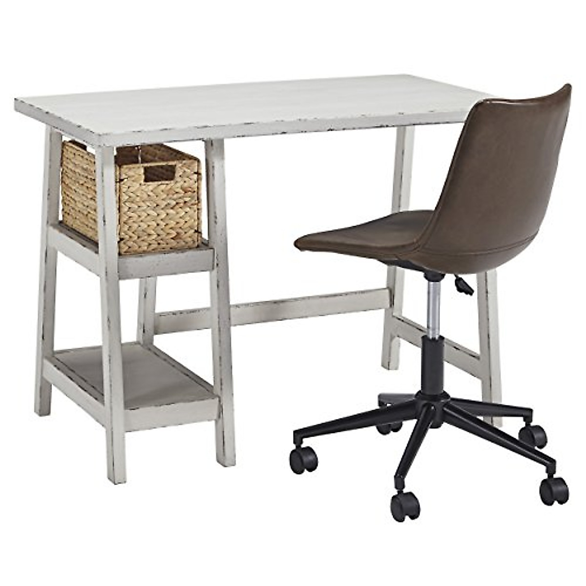 Signature Design by Ashley Mirimyn Farmhouse Home Office Small Desk with Basket, Antique White