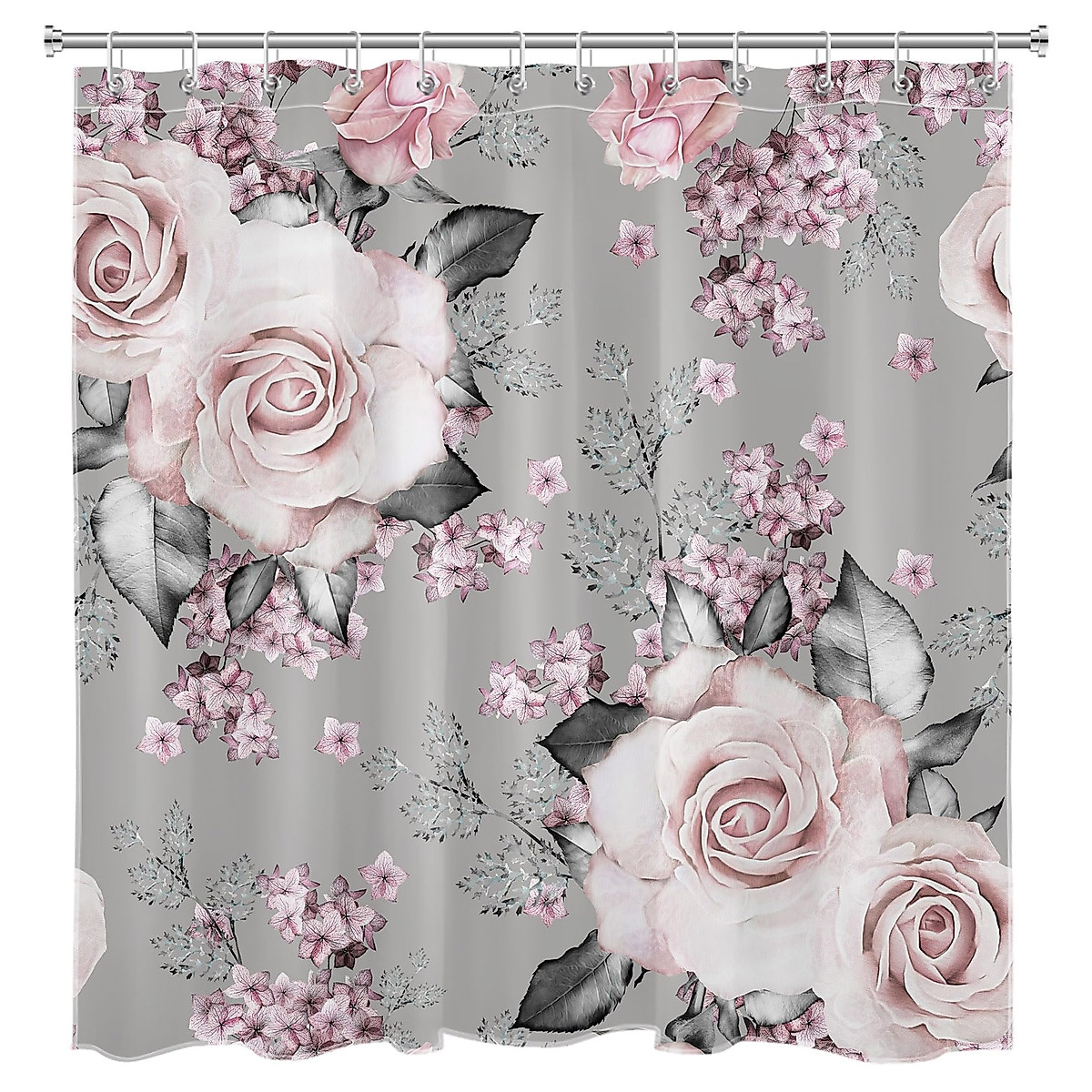 LB Pink Peony Floral Shower Curtain for Bathroom, Farmhouse Wildflower with Grey Leaf Fabric Shower Curtain with Hooks, Country Nature Plant Bathroom Curtain Shower Set, 72" W x 72" L
