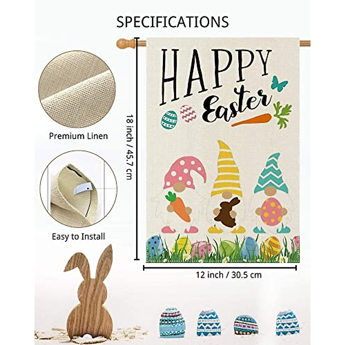 Easter Garden Flag, Double Sided Vertical Burlap Mini Flag for Garden Yard House, Happy Easter Outdoor Bunny Egg Gnome Small Flag, Farmhouse Outside Holiday Decorative Decoration, 12x18 Inch