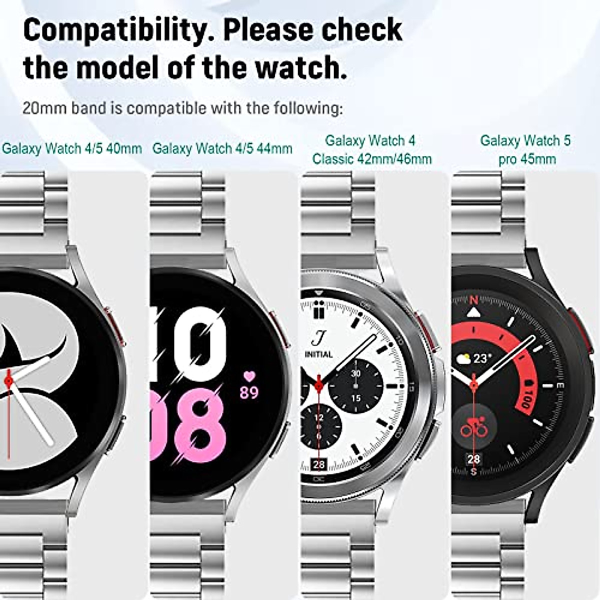 SPGUARD Galaxy Watch 5 Band Pro 45mm/44/40 & Galaxy Watch 4 Band Watch 4 Classic 42mm/46mm 20mm Metal Bands Compatible with Samsung Galaxy Watch5/4 for Men Women Steel Bands Strap(Silver)