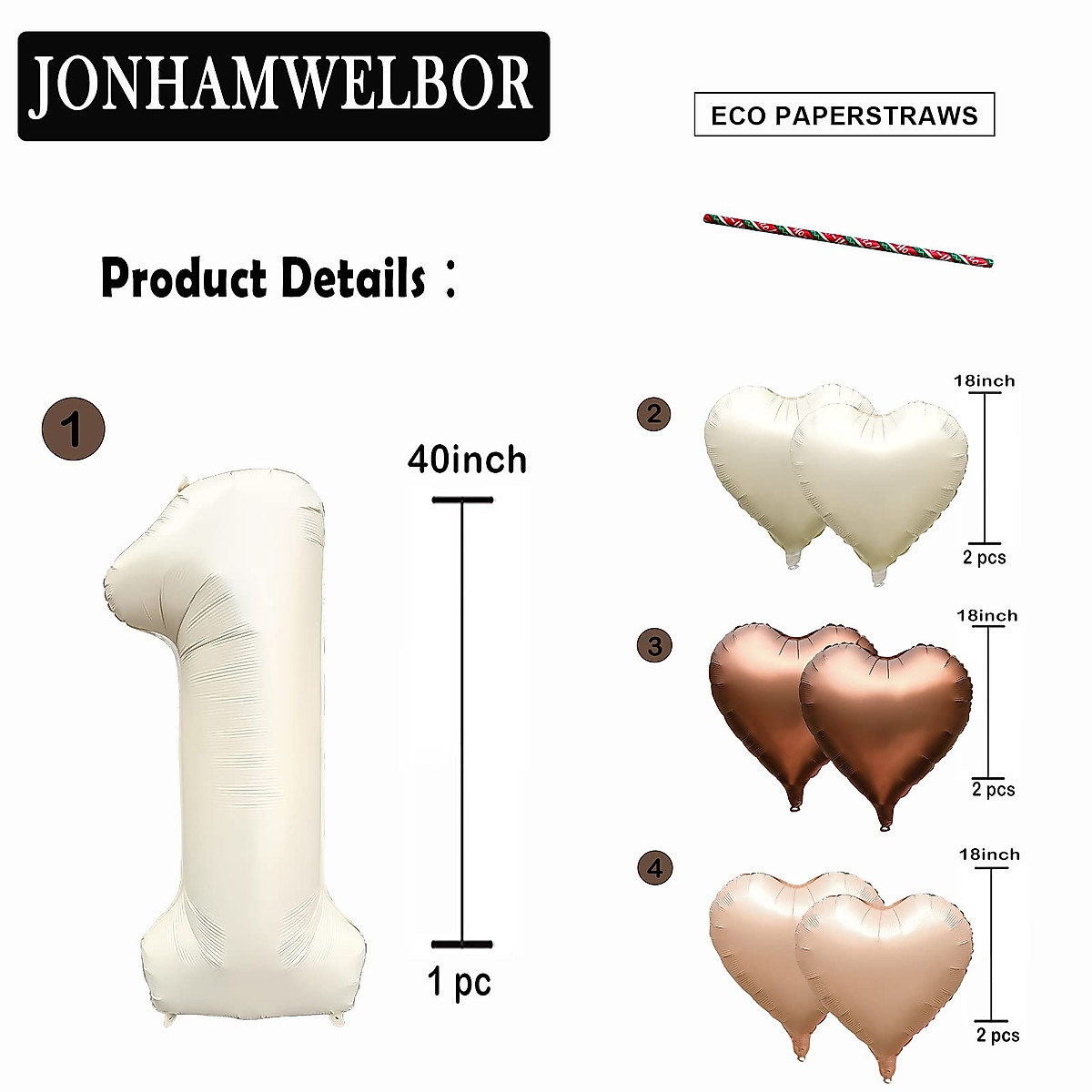 Jonhamwelbor 40 inch Cream White Number 1 Balloons Large Foil Helium Number Balloon with Heart Balloons for first One Year Old Girl and Boy 1st Birthday Party Decoration (40 inch Cream 1)