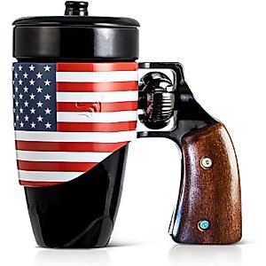Pukomc Novelty Ceramic Coffee Mug, Birthday Gifts for Men and Women, fathers gifts, Gun Coffee Mugs for Men (16OZ) (Black & Flag)