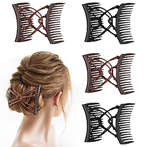 MAORULU 4 Pieces Magic Hair Combs for Women Accessories, Adjustable Elastic Hair Comb Clips for Thick Curly Thin Hair (Coffee and Black)
