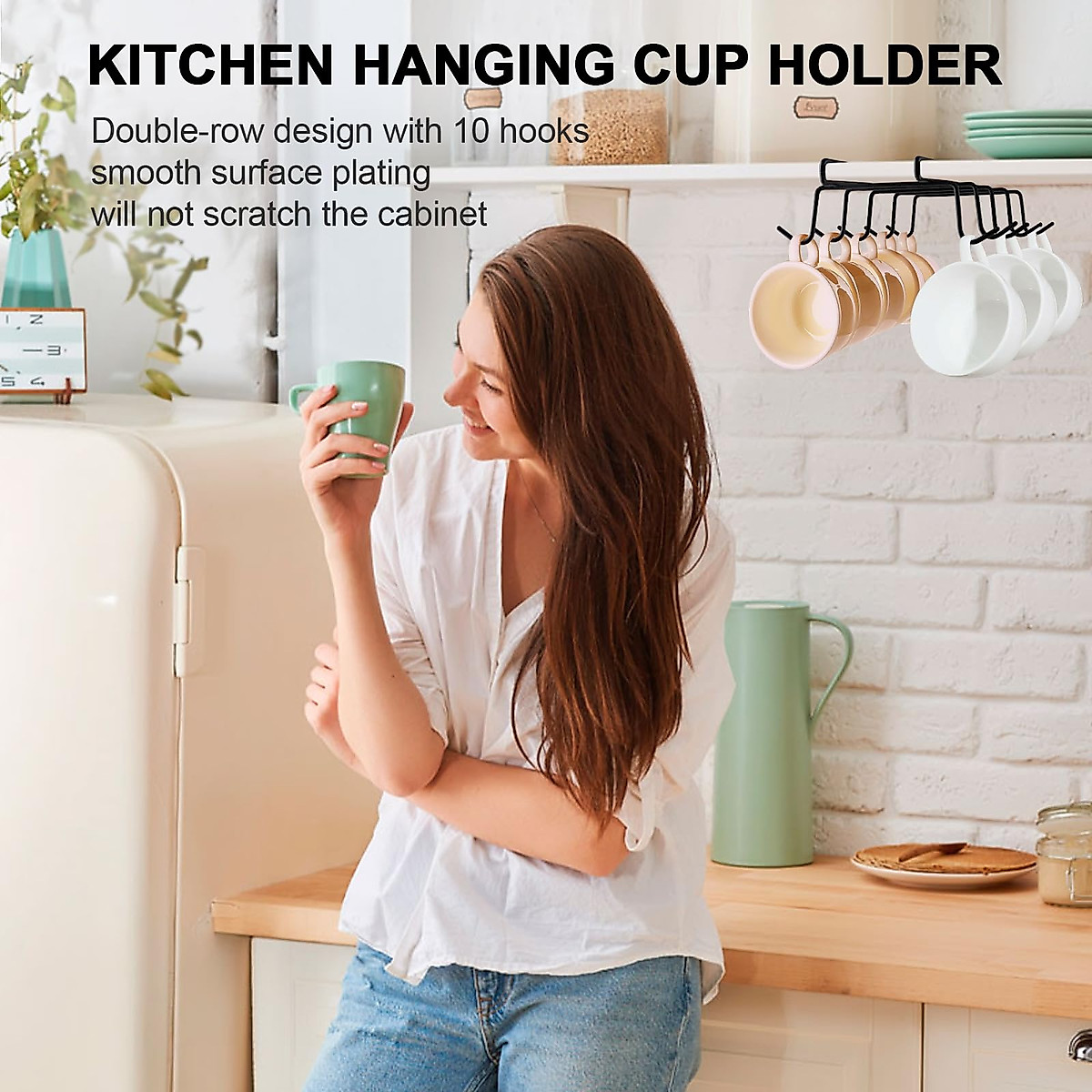 Fellibay Mug Rack Under Cabinet Coffee Cup Holder, Hanging Mug Display Mug Organizer Mugs Hanger Under Shelf for Coffee Cup & Kitchen Utensils Storage, 10 Hooks