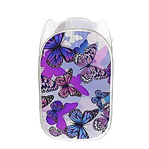 Howilath Purple Butterfly Collapsible Fabric Laundry Hamper, Foldable Clothes Bag, Folding Washing Bin - L