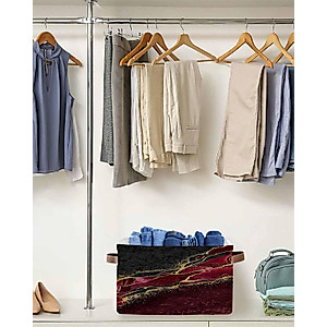 Abstract Storage Basket Red Large Foldable Storage Bins with Handles Marble Burgundy Black Malachite Gold Veins Waterproof Fabric Laundry Baskets for Organizing Shelves Closet Toy Gifts Bedroom Decor