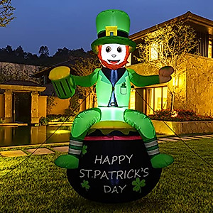 6ft St. Patrick's Day Inflatables Blow Up Outdoor Decorations Leprechaun on Pot of Gold with Beer and Clover Yard Decoration Built-in Led and Fan