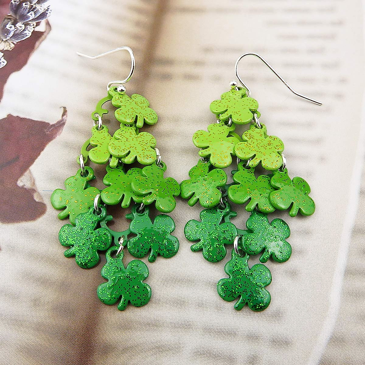 RareLove Silver Plated Multi Green Shamrock Chandelier Piercing Dangle Earrings Alloy St Patrick's Day Gift For Women