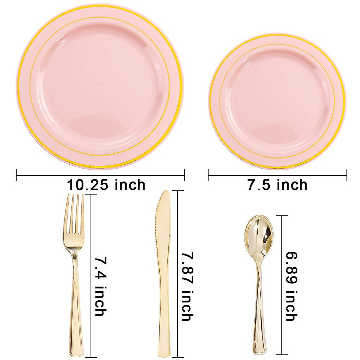 BUCLA 150PCS Pink Plastic Plates With Gold Rim - Pink Plates with Gold Plastic Silverware -Pink Disposable Plates for Easter Party, Bridal Shower, Mother’s Day and wedding