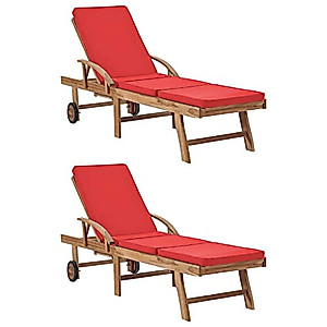 Sun Loungers with Cushions 2 pcs Solid Teak Wood Red Folding Sun Lounger.Foldable Chaise Lounge.Adjustable Outside Patio Sunlounger.Outdoor Wooden Garden Lounge Chair