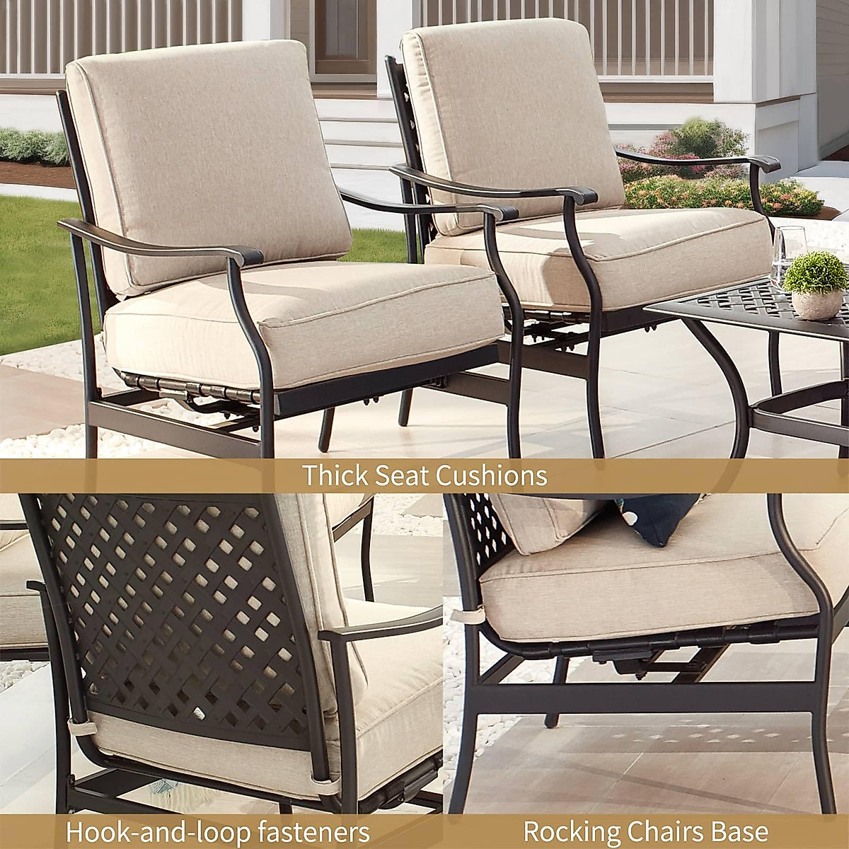 PatioFestival Patio Conversation Set 6 Pieces Metal Outdoor Furniture Seating Sets with Beige Thick Cushions, Rocking Chairs & Coffee Table & Loveseat