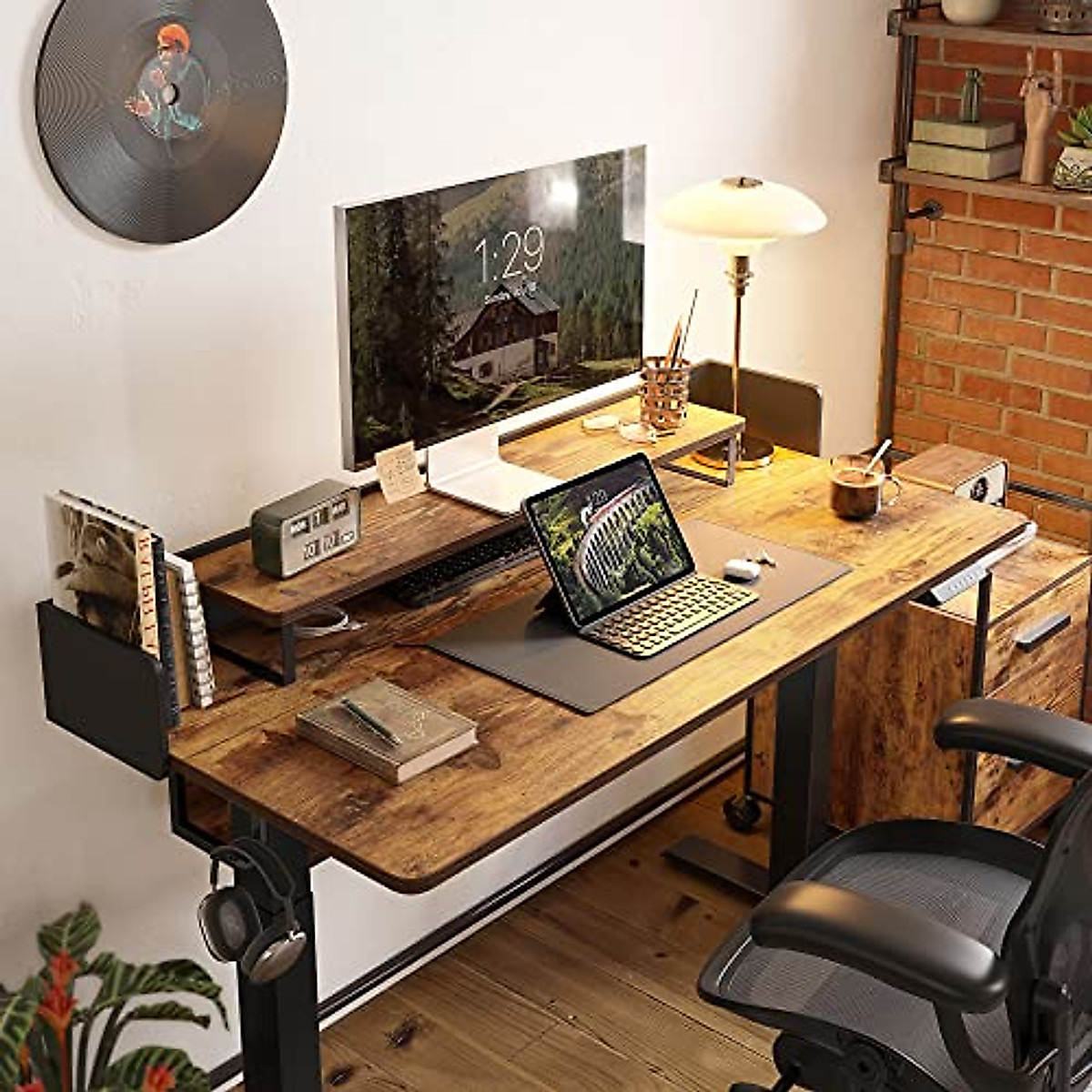 FEZIBO Electric Height Adjustable Standing Desk with Double Shelves, 48 x 24 Inch Home Office Desk with Monitor Stand and Storage, Sit Stand Lift Desk, Rustic Brown