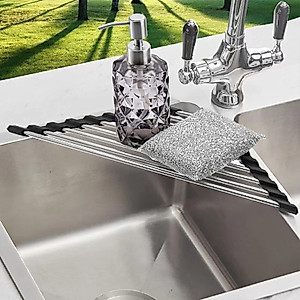 Fasmov 2 Pack Dish Drying Rack, 304-Stainless Steel Sink Organizer for Sponge, Brush, Scrubber, Soap Dispenser Holder, Corner Dish Drying Rack, Gray & Black