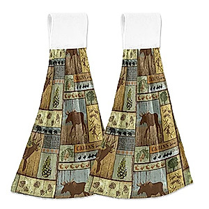 Giwawa Cabins Moose Hand Towel 2pcs Absorbent Lodge Bear Retro Hanging Towels Soft Woodland Cabin Dish Towels Fast Drying Nature Wildlife Deer Hanging Tie Towel for Kitchen Bathroom Home Decor 12x17in