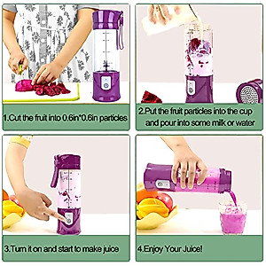Portable Blender, USB Travel Juice Cup Personal Travel Blender Baby Food Mixing Machince with Updated 6 Blades with Powerful Motor 4000mAh Rechargeable Battery,13Oz Bottle(purple)