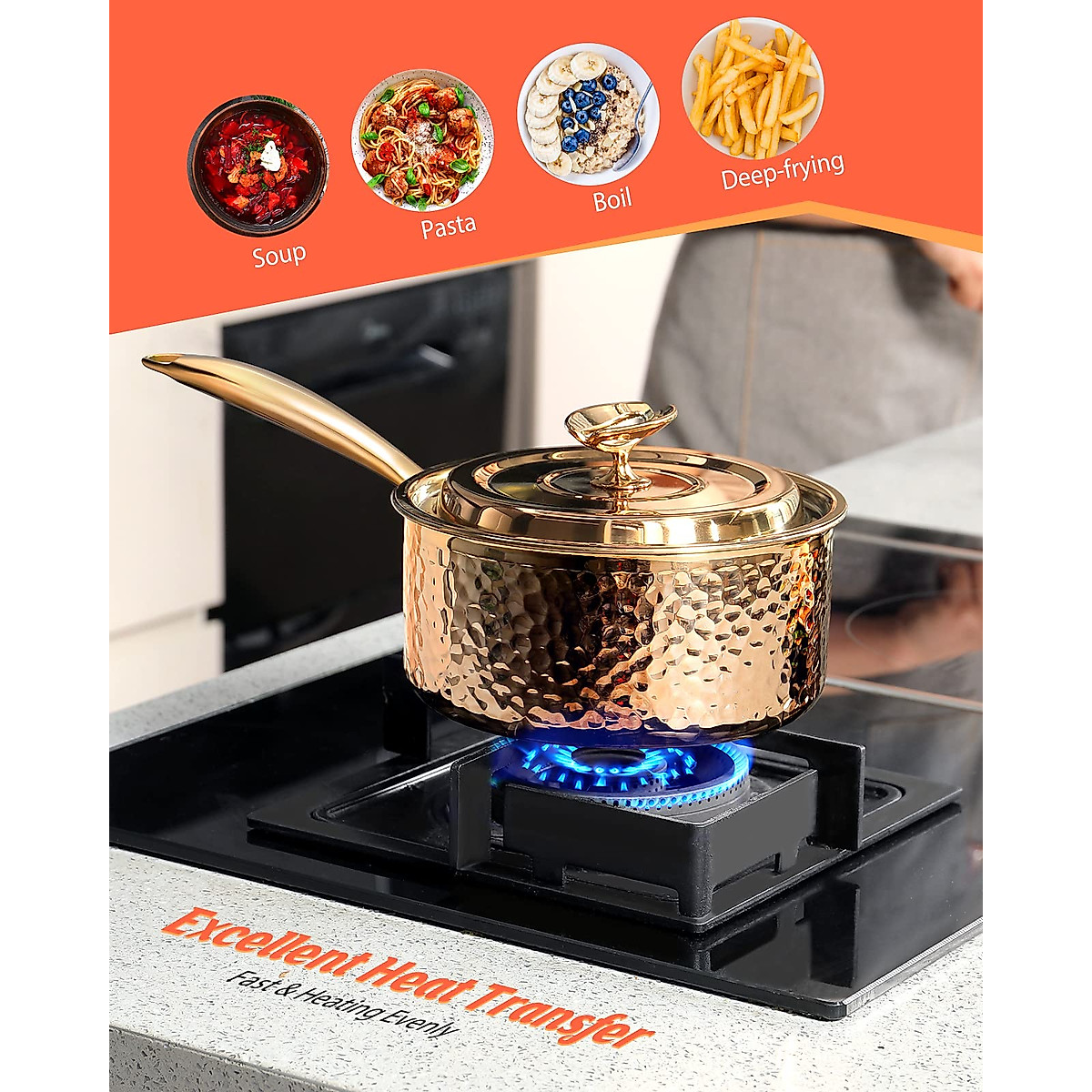 DAEDALUS 3 Quart Uncoated Nonstick Saucepan with Lid, Stainless Steel Pot Triply Hammered Copper for Cooking, Induction Saucepan Cookware for Home Kitchen Restaurant, Dishwasher Oven Safe - Gold