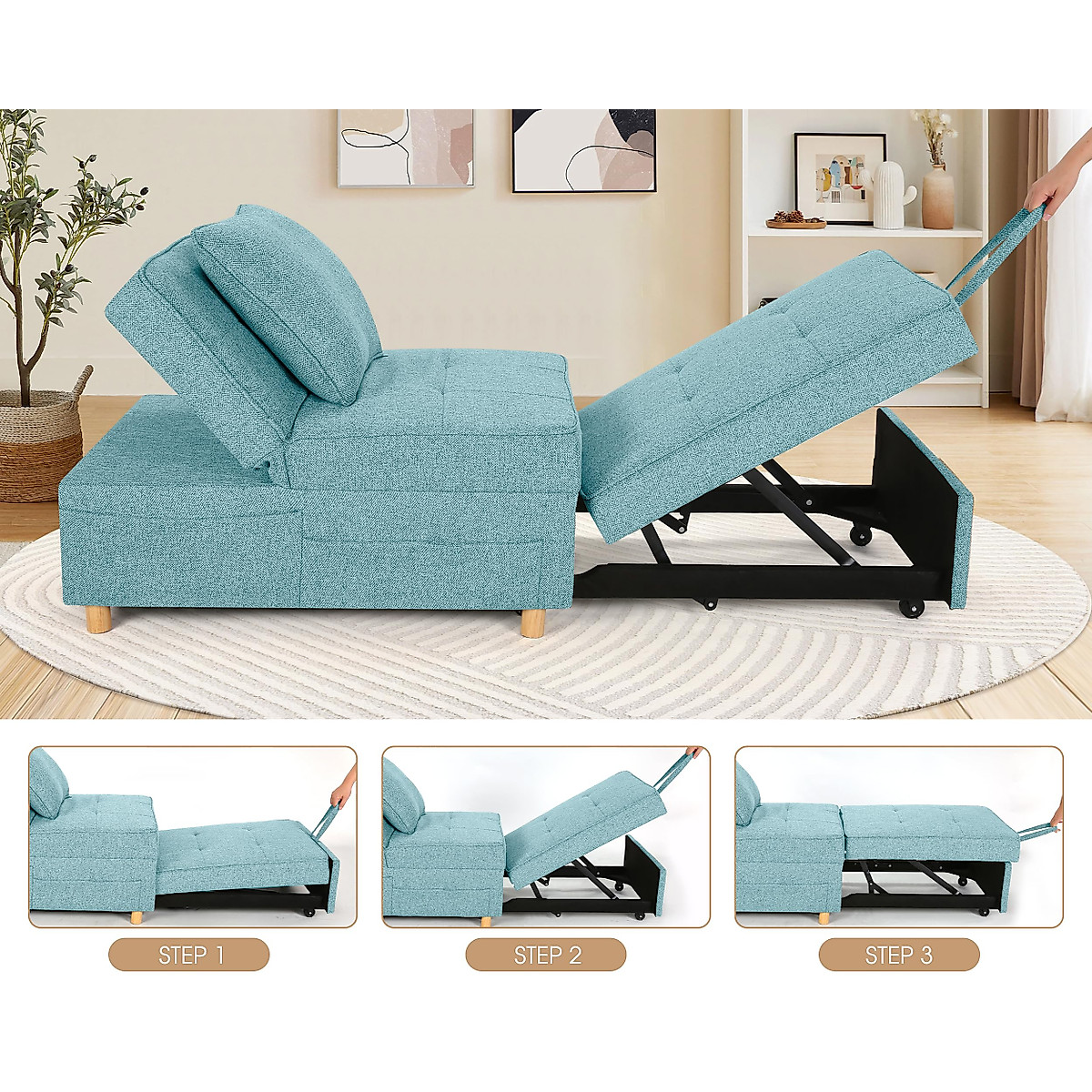 SEJOV Sleeper Sofa Chair Bed,4-in-1 Convertible Sofa Bed Chair with 6 Adjustable Backrest and Pillow, 3-Seat Pull Out Sleeper Chair Linen No Backrest for Bedroom Small Space Living Room, Sky Blue