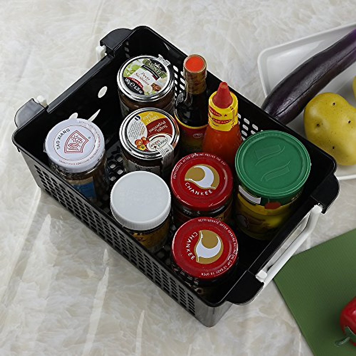 Jekiyo 4 Packs Plastic Basket with Handle, Black Stackable Baskets for Storage