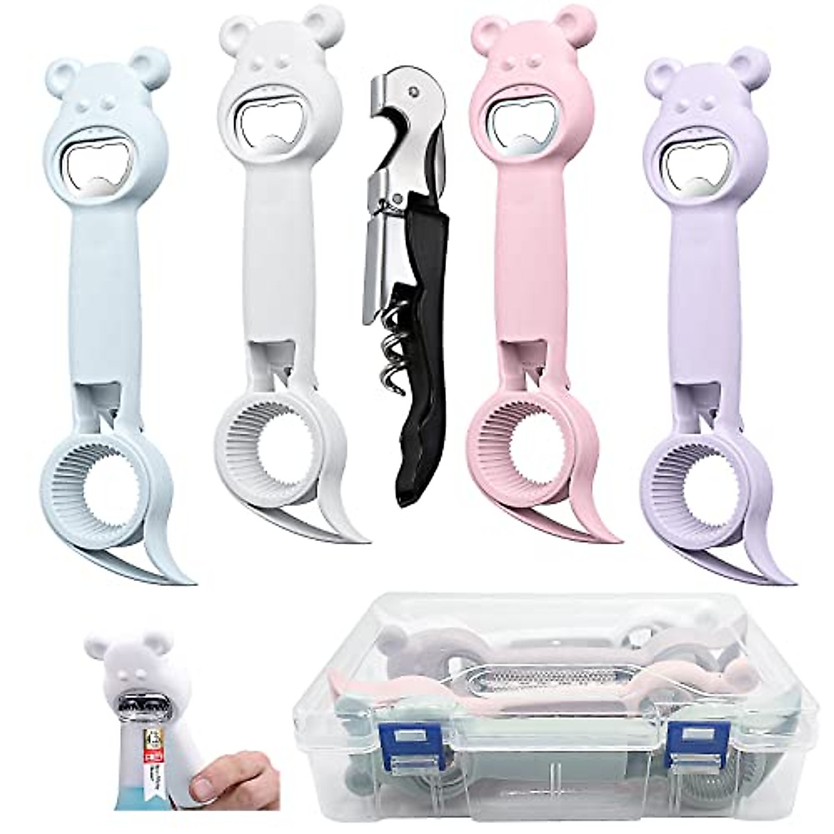 5 Pcs Bottle Opener come with Storage Box, 4 in 1 Multi Function Can Opener Bottle for Wine, Beer, Jars, Use Bottle Opener Tool can Protect the Nail for Arthritic Sufferers, Seniors, Children, Elderly