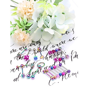 Leiainely Tongue Rings Piercing Jewelry for Women Men Work 14g 14 Gauge Cute Green Surgical Stainless Steel Metal Rainbow Clear Plastic Acrylic Diamond para La Lengua Aretes Tounge Barbell Balls Set