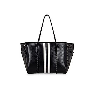 Haute Shore - Greyson Carbon Neoprene Tote Bag w/Zipper Wristlet Inside,Black Coated W/Silver & Black Stripe,One_Size