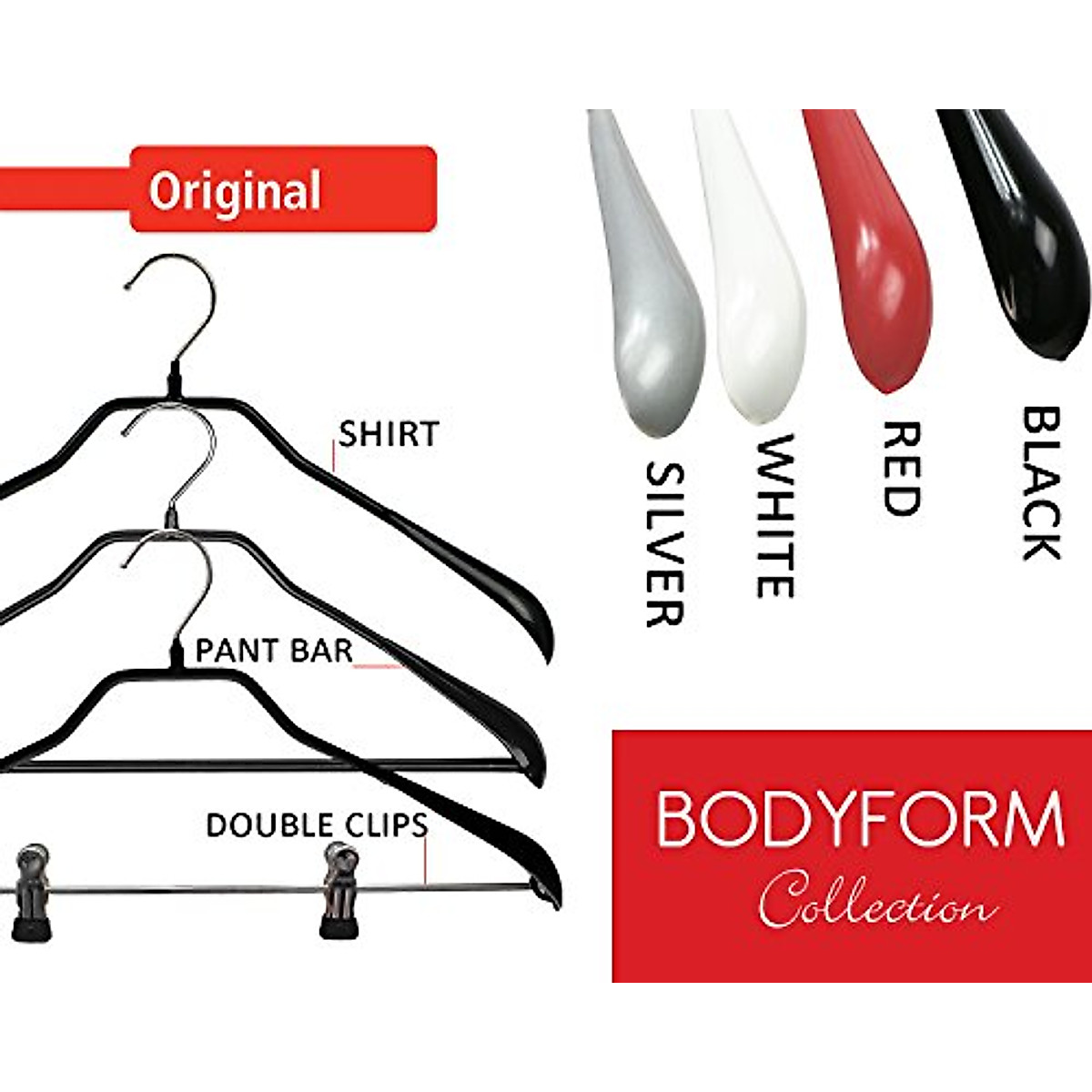 Mawa by Reston Lloyd BodyForm Series Non-Slip Space-Saving Clothes Hanger with Bar for Pants, 16-1/2", Style 42/LS, Set of 5, Black