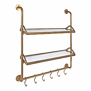 Kate and Laurel Marit Modern Industrial Wall Shelf with Metal Pipe Supports and Glass Shelves, Gold