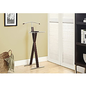 Monarch Specialties 2024 Valet Stand, Organizer, Suit Rack, Bedroom, Wood, Metal, Brown, Chrome, Contemporary, Modern Accent Espresso, 21" L x 14.25" W x 42.5" H, Cappuccino