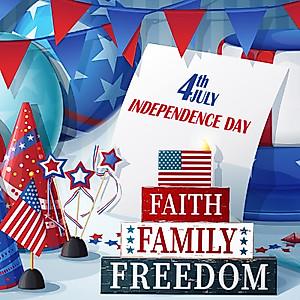 Chunful 4 Pieces 4th of July Wooden Block Patriotic American Wood Sign Independence Day Tiered Tray Decorations Patriotic Wood Decor for Home Table Decoration, 4 Sizes