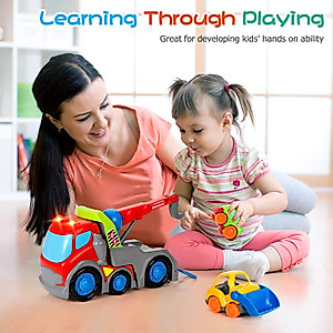 Yeedie 12 Inch Big Tow Truck with Hook and Bulldozer Car for Toddler Boys Girls, Friction Power Car Construction Toys with Sound & Light for Kids Birthday