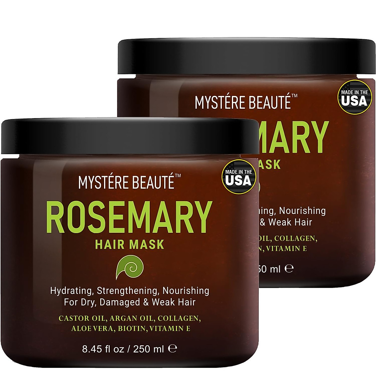 MYSTÉRE BEAUTÉ Rosemary Deep Conditioning Hair Mask for Damaged Hair - with Collagen, Biotin, Argan Oil - Strengthening Deep Conditioner Hair Mask for Curly Hair, & Hair Loss - 8.45 fl oz x 2 Pack