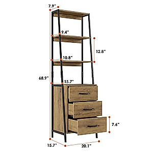 HITHOS 4-Tier Bookshelf, Tall Bookcase with 3 Wooden Drawers, Modern Ladder Book Shlef Storage Organizer for Living Room, Entryway, Office, Rustic Brown