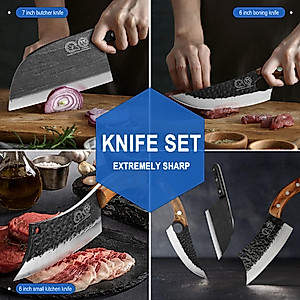 XYJ FULL TANG 6.7 Inch Forging Butcher Knife 6.2 Inch Camping Kitchen Knives 6 Inch Outdoor Boning Knife With Carry Sheath&Chef Knives Bag&Cutlery Gadget Set (Brown)