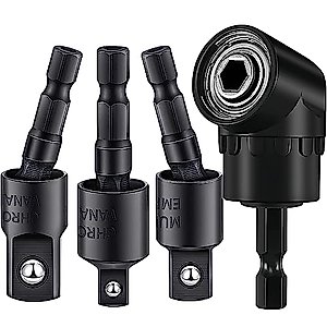 4-Piece Power Drill Sockets Adapter Sets,360°Rotatable 1/4" 3/8" 1/2" Impact Grade Driver Sockets Adapter Extension Set Drill Bit+105 Degree Right Angle Screwdriver set Drill Hex Bit Socket Adapter