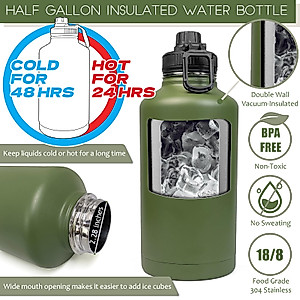 DEFUNX 64 Oz Water Bottle with Sleeve - Military Green Half Gallon Insulated Water Jug with Handle - Stainless Steel Sports Bottle for Gym Workout Hiking Camo Black Pouch